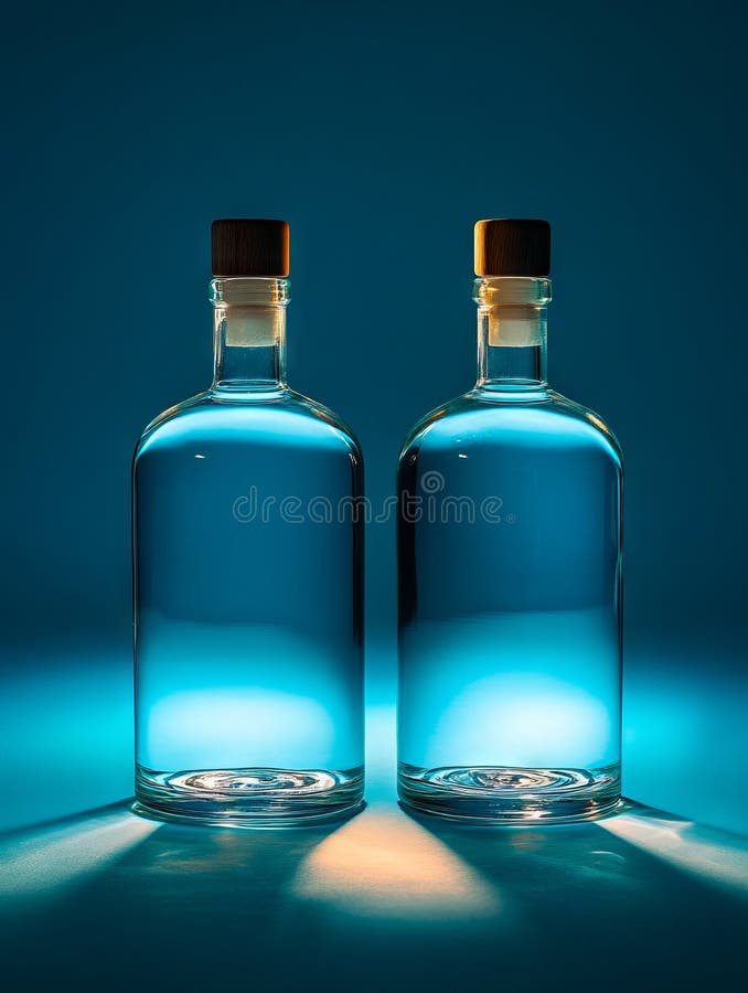 Two Empty Glass Bottles Sitting Next To Each Other on a Table Stock ...