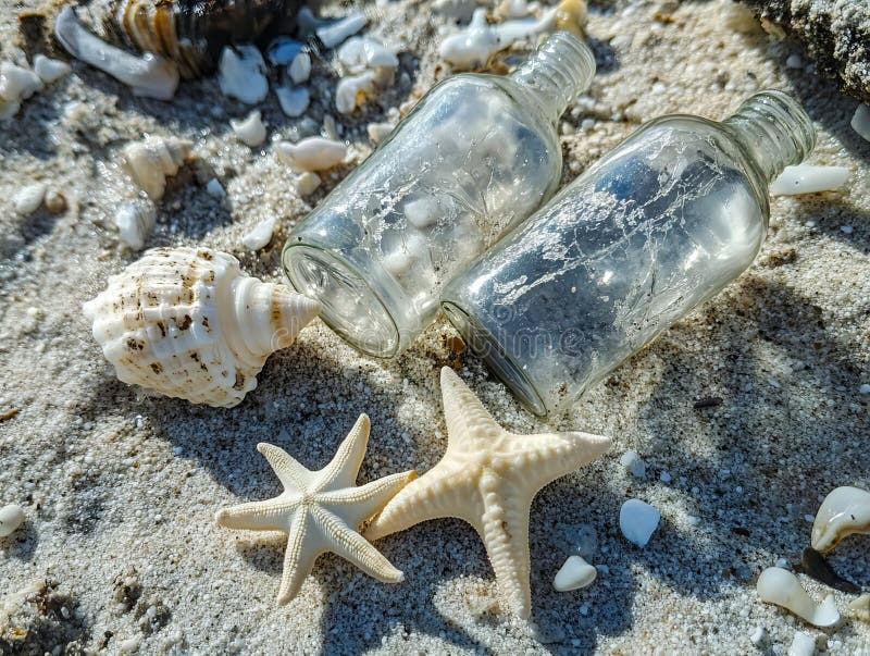 Two Empty Glass Bottles and Starfish on the Sand with Shells Stock ...