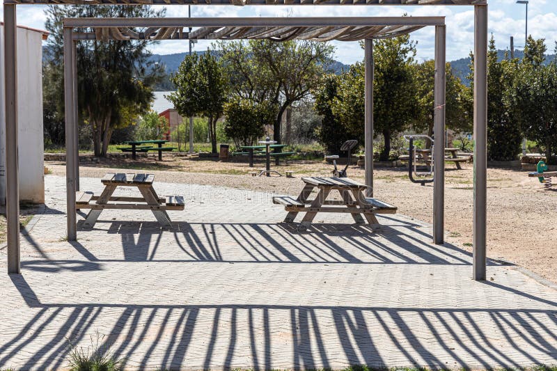 Two Empty Gray Wooden Tables on the Green Plants Background with a ...