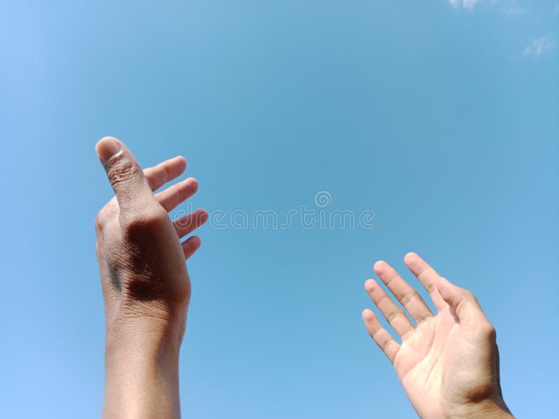 Two Empty Open Man Hand on Blue Sky Background Stock Photo - Image of ...