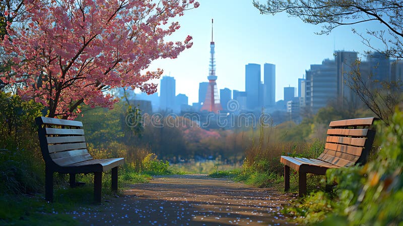 Two Empty Park Benches Facing a City Skyline with Cherry Blossoms in ...