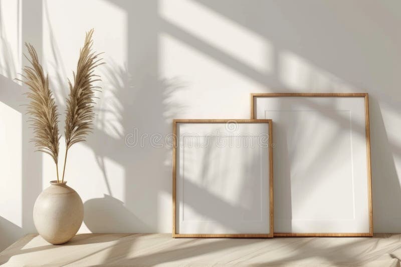 Two Empty Picture Frames on a Table Next To a Plant. Suitable for Home ...