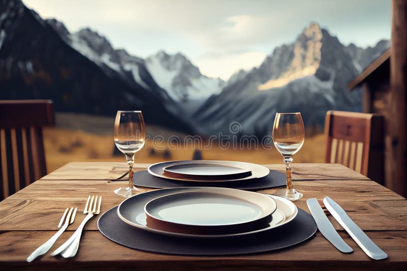 Two Empty Place Settings on Big Dining Table on Chalet Against Backdrop ...