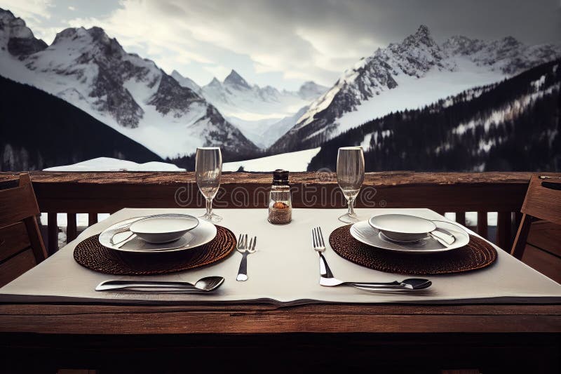 Two Empty Place Settings on Big Dining Table on Chalet Against Backdrop ...