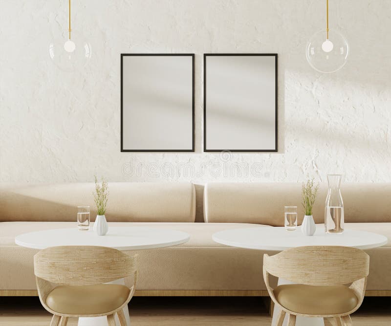 Two Empty Poster Frames Above Light Beige Sofa in Cafe with Round ...