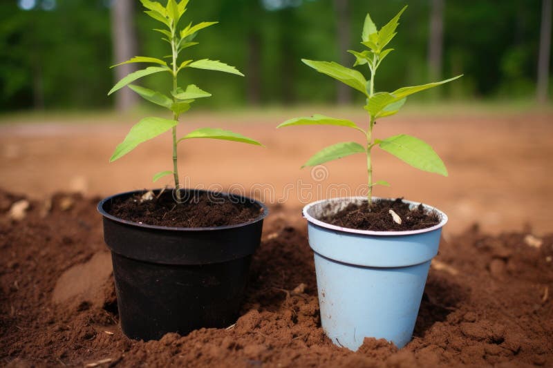 Two Empty Pots Next To a Newly Planted Sapling Stock Illustration ...