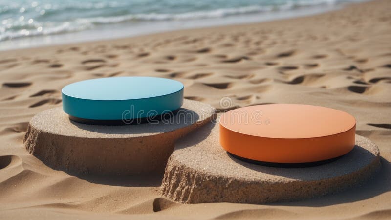 Two Empty Round Platform Podiums on the Beach Sand. Stock Illustration ...