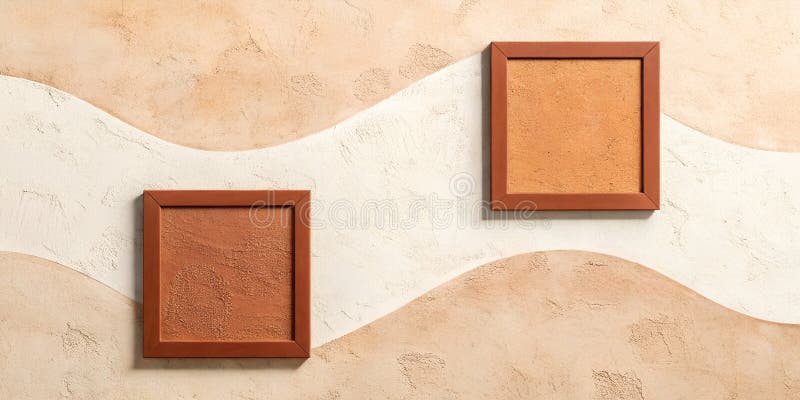 Two Empty Rustic Wooden Frames Hang on a Textured Wall with Wavy Cream ...