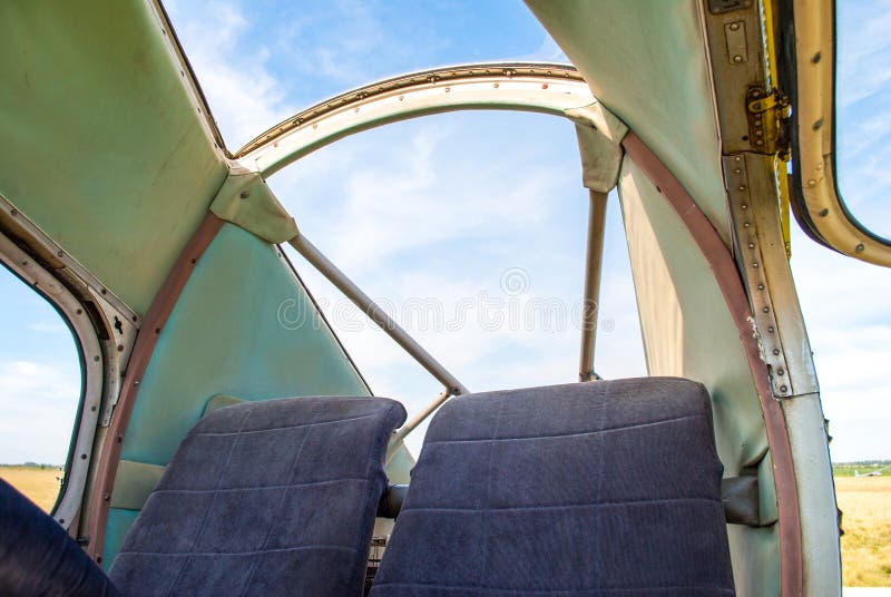 Two Empty Seats in Cockpit of Old Small Plane. Open Captain Cabin Stock ...