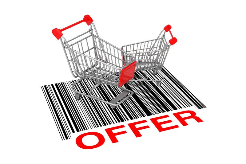 Two Empty Shopping Carts Over Abstract Bar Code with Offer Sign. 3d ...