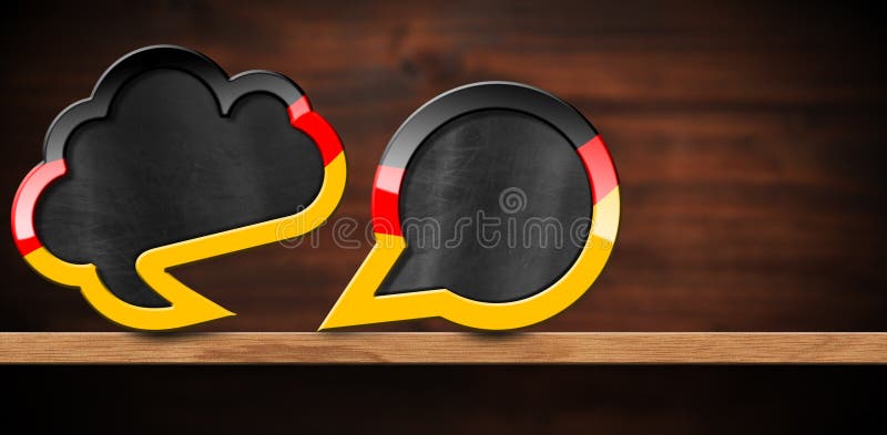 Two Empty Speech Bubbles with German Flag on a Wooden Shelf Stock ...