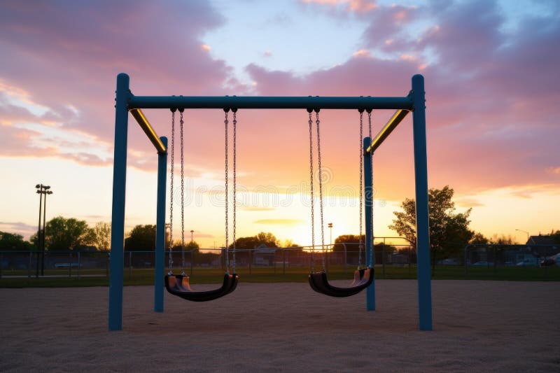 Two Empty Swings in a Playground Against a Sunset Sky Stock Photo ...