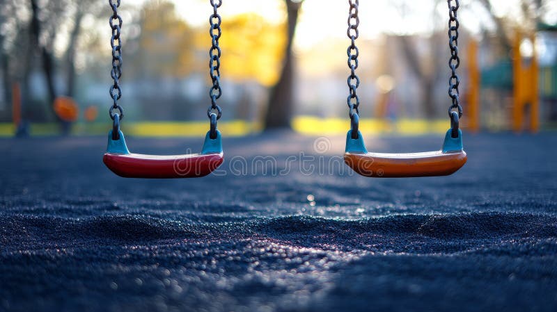 Two Empty Swings in a Playground at Sunset. Stock Image - Image of ...