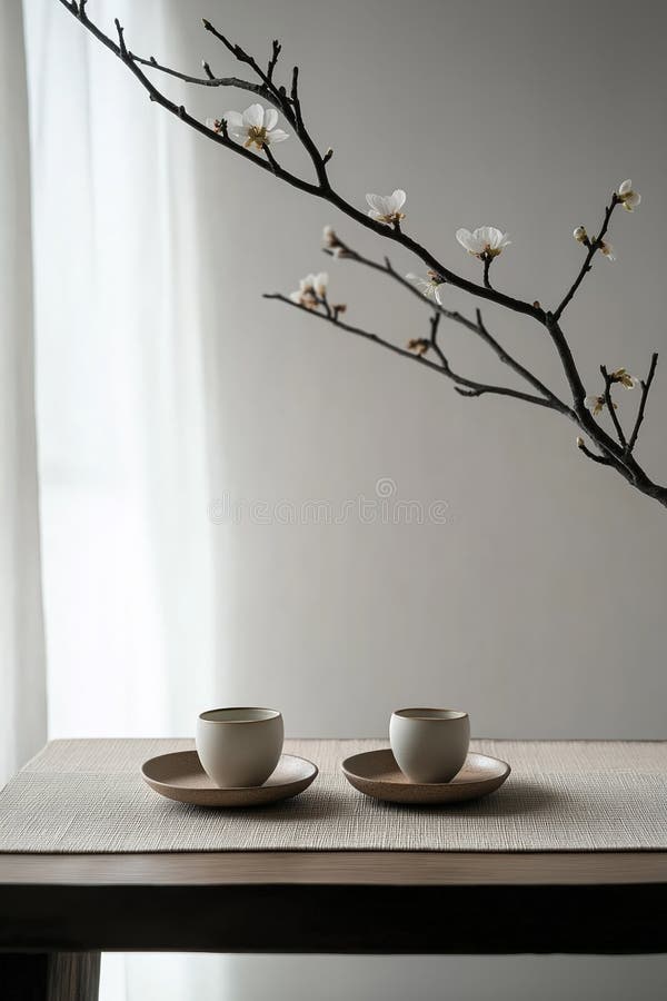 Two Empty Teacups Standing on a Table with a Blooming Branch in a ...