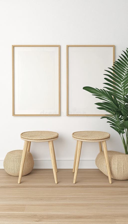 Two Empty Vertical Frames Mockup, Minimal Design with Wooden Stools. 3D ...