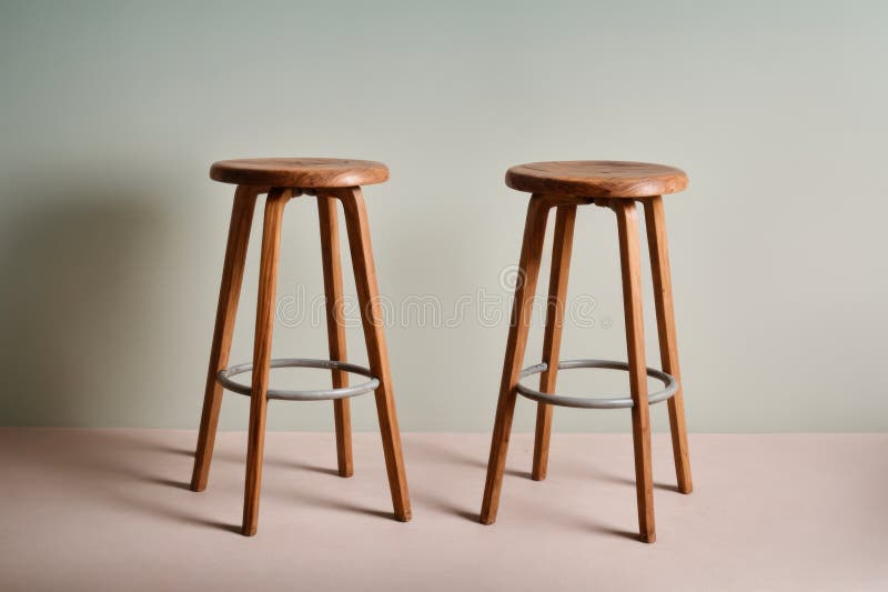 Two Empty Vintage Wooden Stools Chairs Isolated in Pastel Room Stock ...