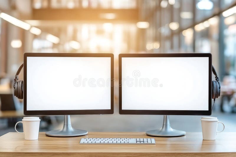 Two Empty White Gaming Computer Displays on a Desk with Coffee Cups and ...