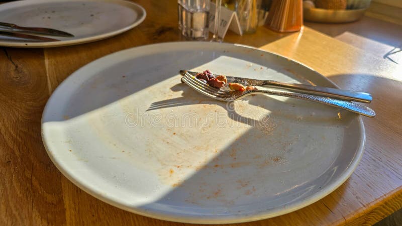 A Two Empty White Pizza Plates on a Wooden Table after a Delicious ...
