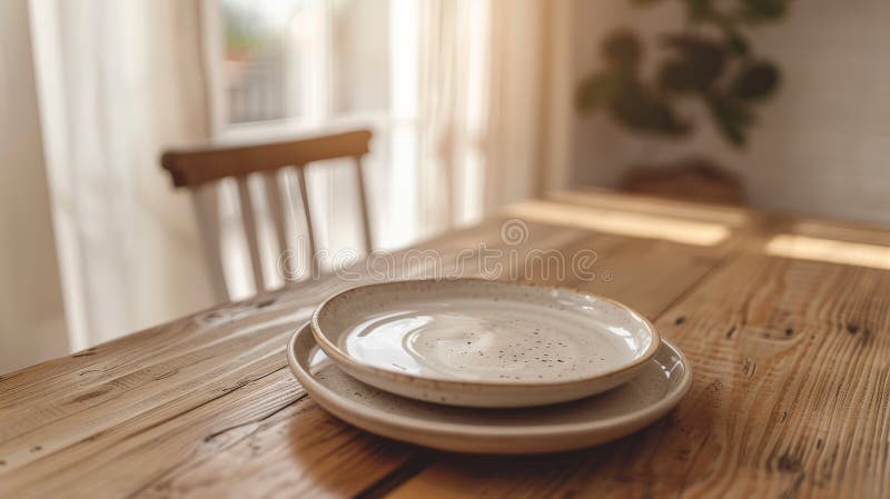 Two Empty White Plates on a Wooden Table Stock Image - Image of dining ...