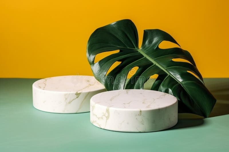 Two Empty White Round Marble Product Podiums with Different Level in ...