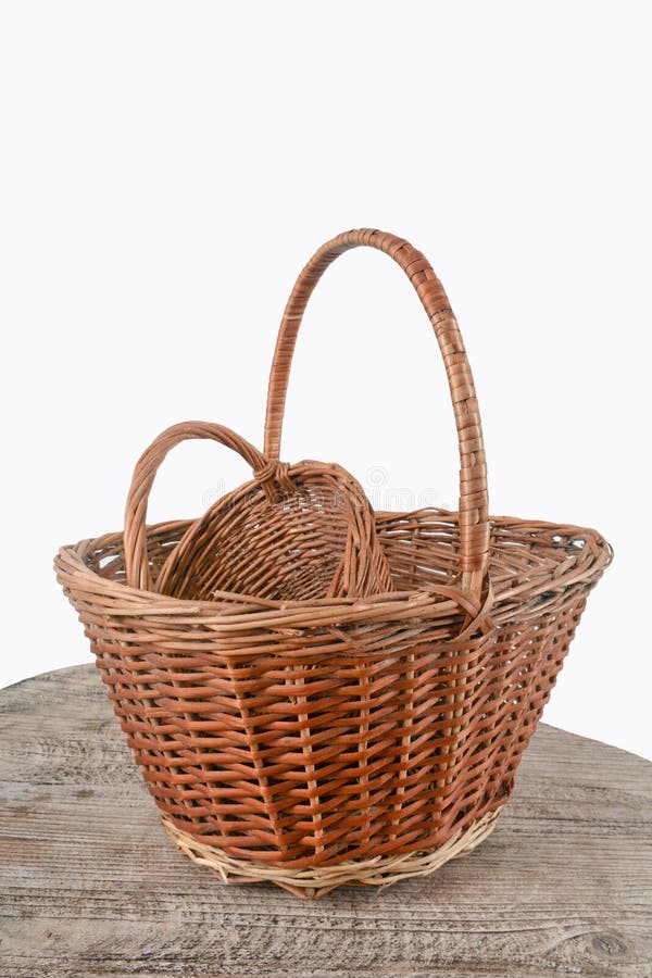 Two Empty Wicker Baskets on the Wooden Table White Background Stock ...