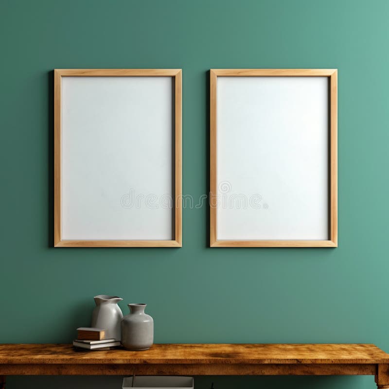 Two Empty Wooden Frames on Teal Wall Above Wooden Table with Decor ...