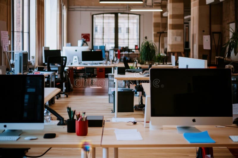 Two Empty Workstations in a Modern Office Space Stock Illustration ...