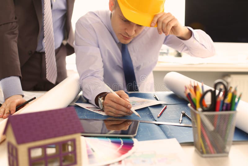 Two Engineer Architect Discussing House Project Stock Image - Image of ...