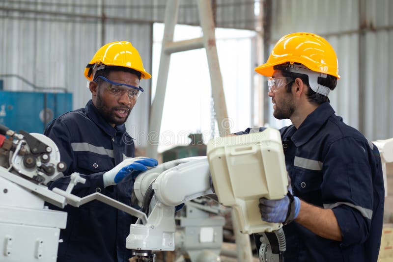 Two Engineer Man Working with Machine Robot Automatic Together at ...