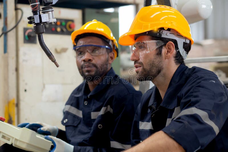 Two Engineer Man Working with Machine Robot Automatic Together at ...