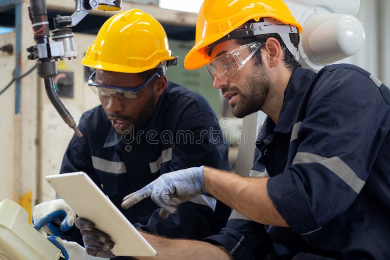 Two Engineer Man Working with Machine Robot Automatic Together at ...