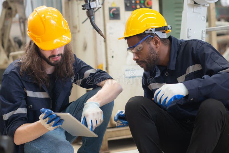 Two Engineer Man Working with Machine Robot Automatic Together at ...
