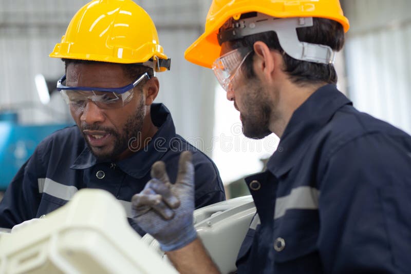 Two Engineer Man Working with Machine Robot Automatic Together at ...