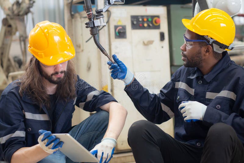 Two Engineer Man Working with Machine Robot Automatic Together at ...