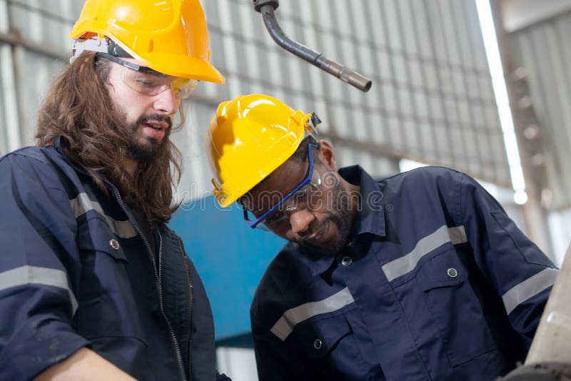 Two Engineer Man Working with Machine Robot Automatic Together at ...