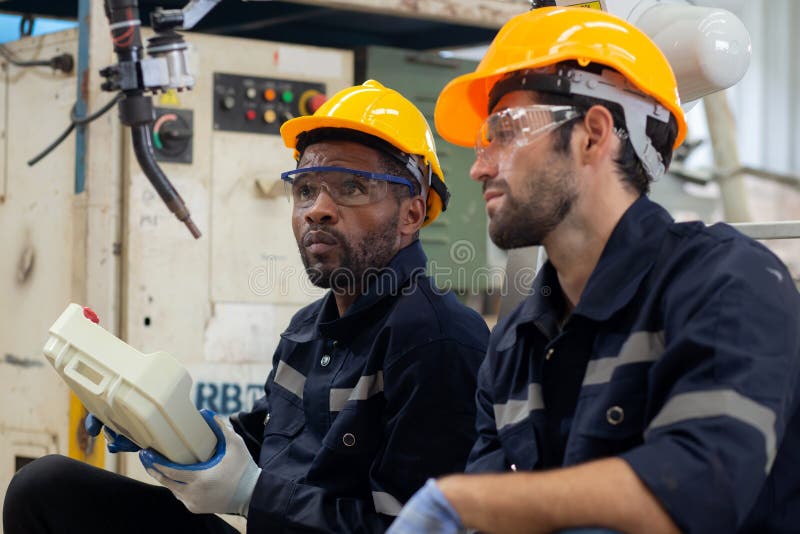 Two Engineer Man Working with Machine Robot Automatic Together at ...