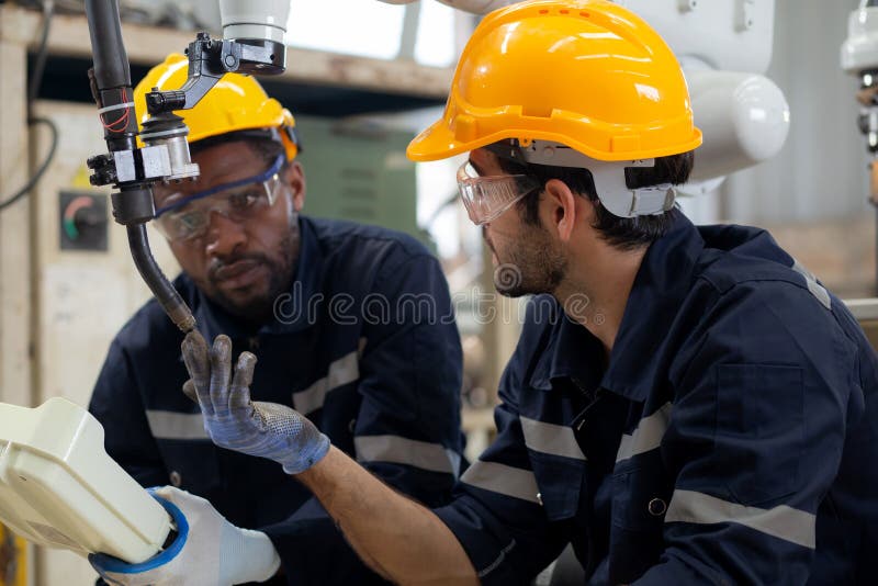 Two Engineer Man Working with Machine Robot Automatic Together at ...
