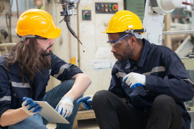 Two Engineer Man Working with Machine Robot Automatic Together at ...
