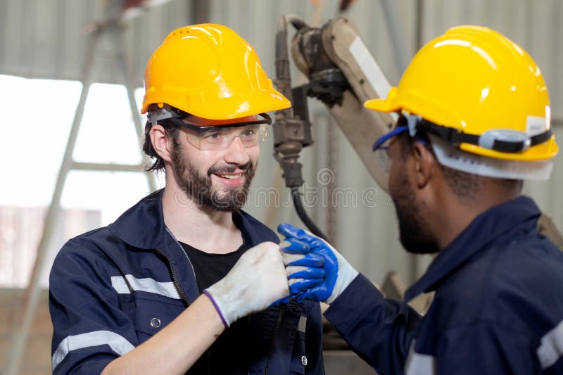 Two Engineer Man Working with Machine Robot Automatic Together at ...
