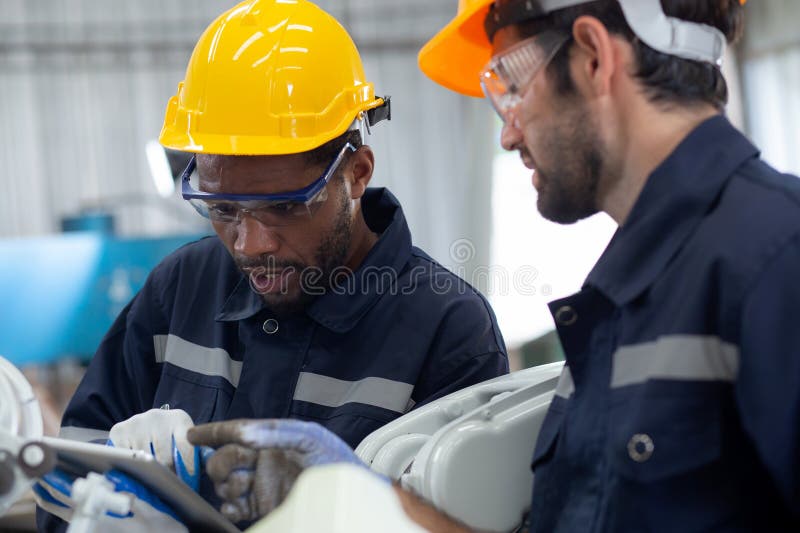Two Engineer Man Working with Machine Robot Automatic Together at ...