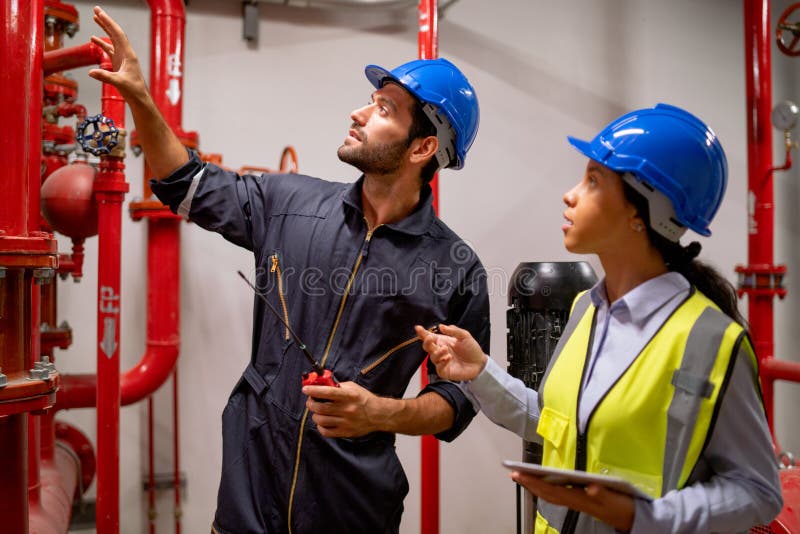 Two Engineer or Technician Worker Discuss about Red Pipe System in the ...