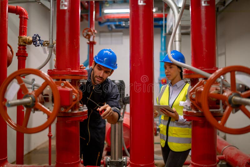 Two Engineer or Technician Worker Discuss about Red Pipe System in the ...