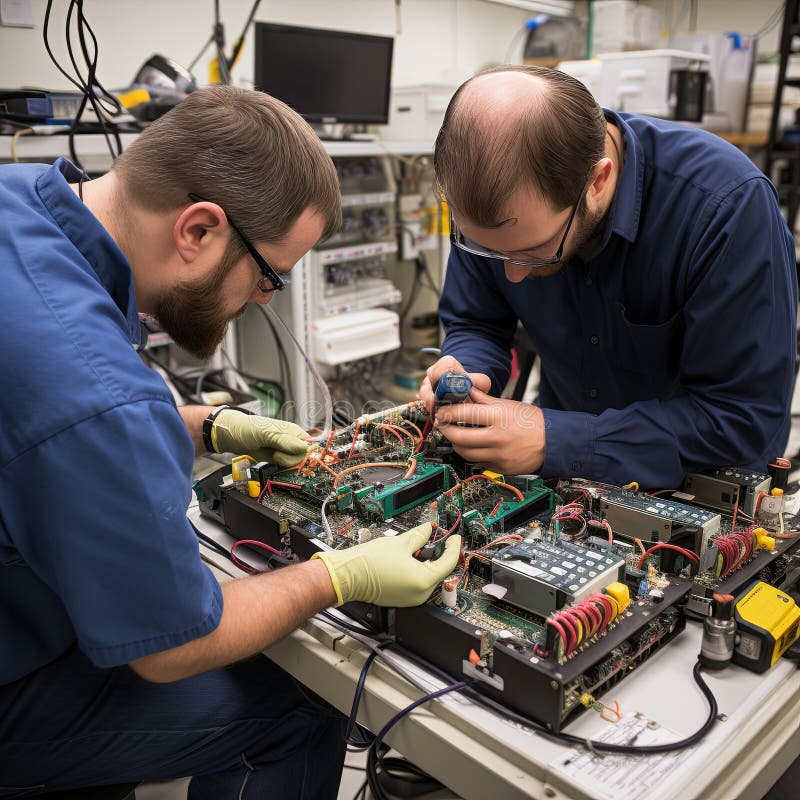 Two Engineers in Blue Shirts Work on a Complex Electronic Device with ...