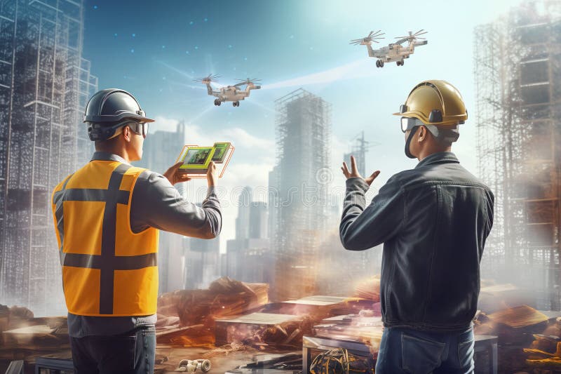 Two Engineers at a Construction Site Control Drones with a Digital ...