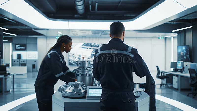 Engineers Inspecting Silver Prototype Engine in Modern Facility with ...