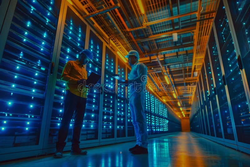 Two it Engineers in Data Center Works on Laptop Computer Stock Photo ...