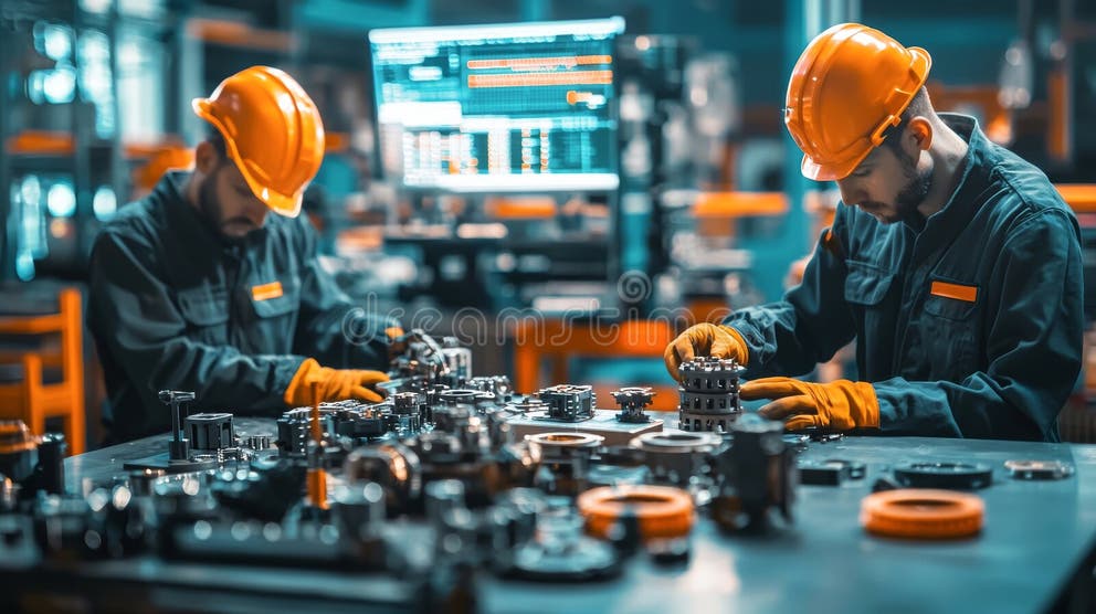 Two Engineers Diligently Assembling Precision Machine Parts in Workshop ...