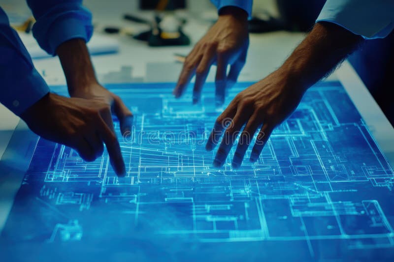 Two Engineers Evaluating and Discussing a Futuristic Building Blueprint ...