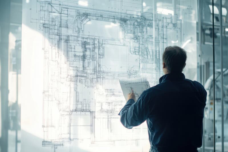 Two Engineers Evaluating and Discussing a Futuristic Building Blueprint ...