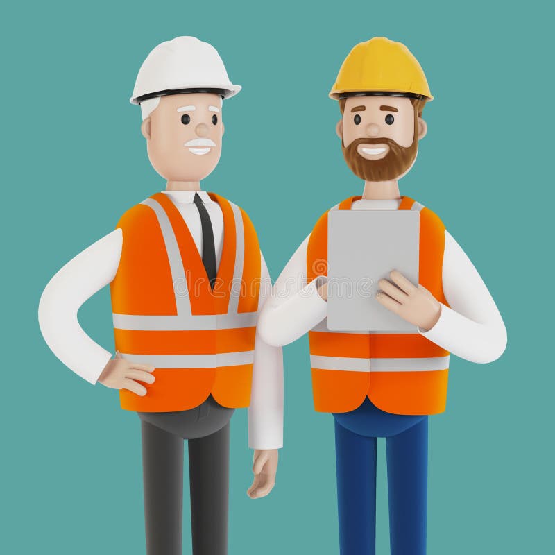 Two Engineers in Hard Hats Discuss a Project Using a Tablet. Stock ...